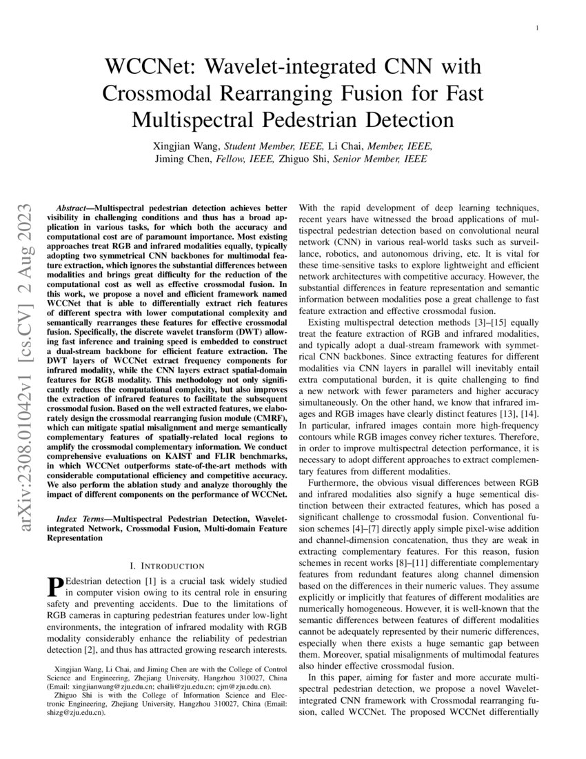 Wccnet Wavelet Integrated Cnn With Crossmodal Rearranging Fusion For Fast Multispectral