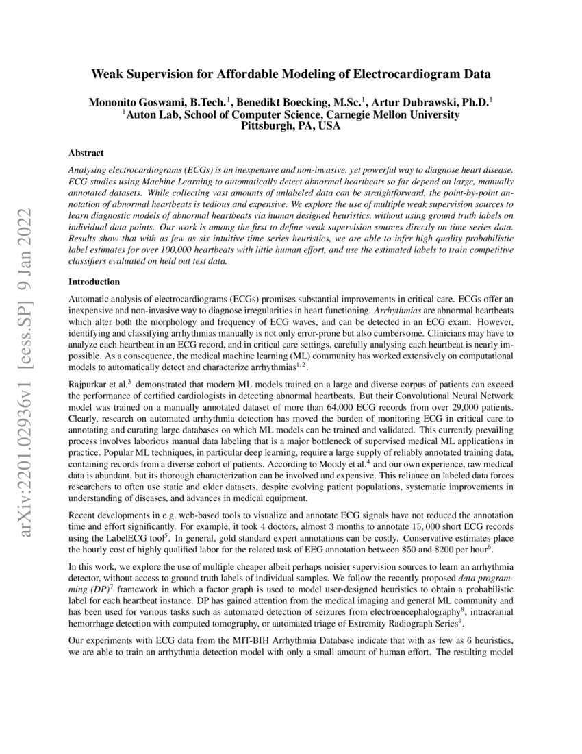 Weak Supervision for Affordable Modeling of Electrocardiogram Data | DeepAI