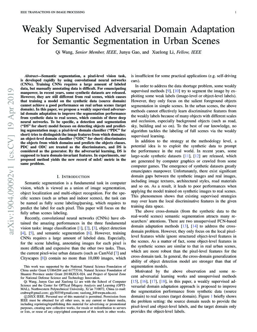 Weakly Supervised Adversarial Domain Adaptation for Semantic Segmentation in Urban Scenes | DeepAI