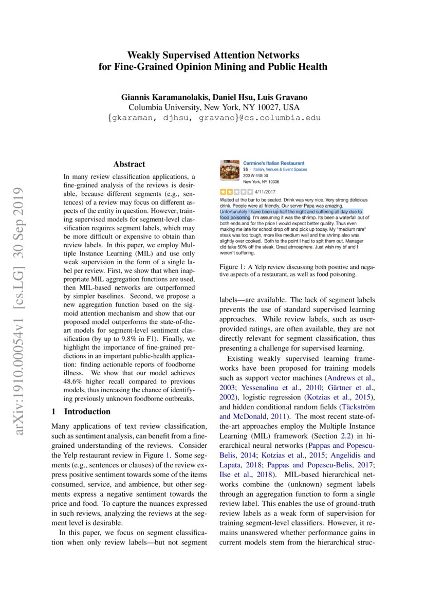 Weakly Supervised Attention Networks For Fine Grained Opinion Mining