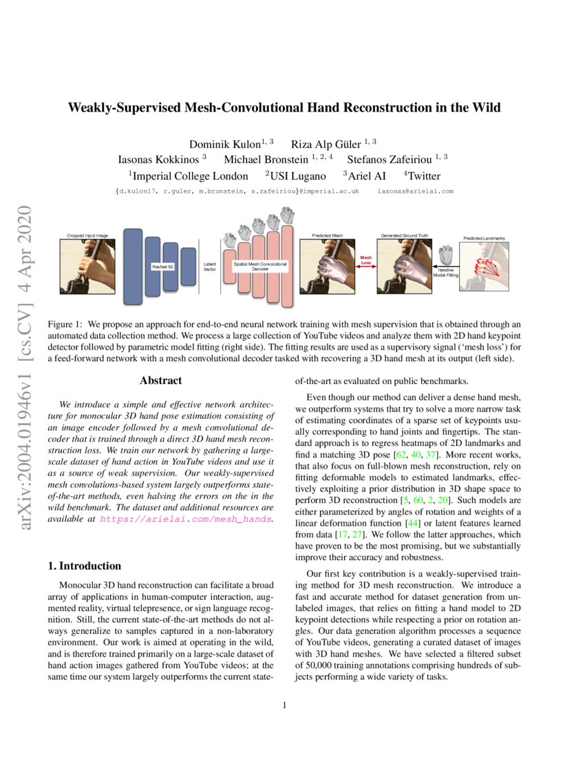 Weakly-Supervised Mesh-Convolutional Hand Reconstruction in the Wild ...