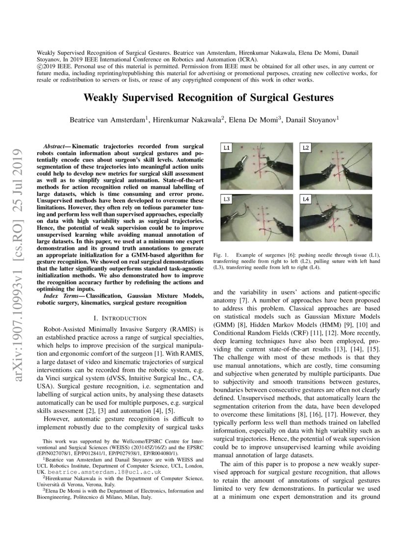 Weakly Supervised Recognition of Surgical Gestures | DeepAI