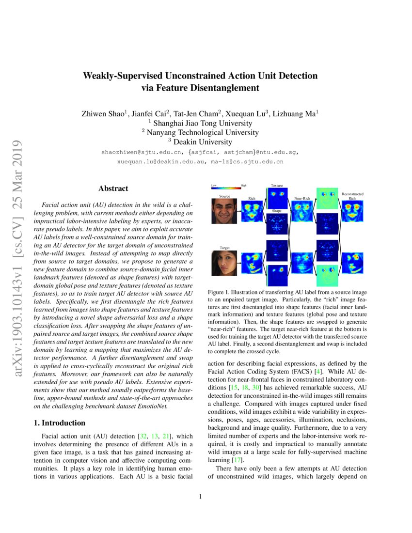 Weakly Supervised Unconstrained Action Unit Detection Via Feature Disentanglement Deepai