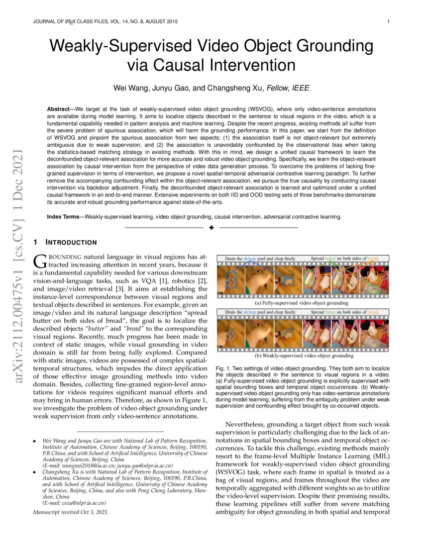 Weakly-Supervised Video Object Grounding via Causal Intervention | DeepAI