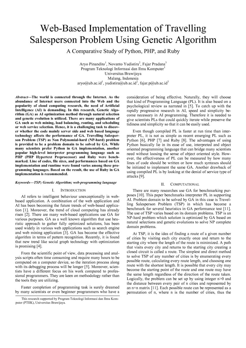 Web Based Implementation Of Travelling Salesperson Problem Using Genetic Algorithm Deepai