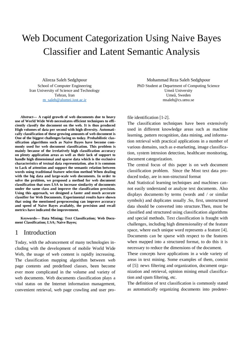 Web Document Categorization Using Naive Bayes Classifier And Latent 8499