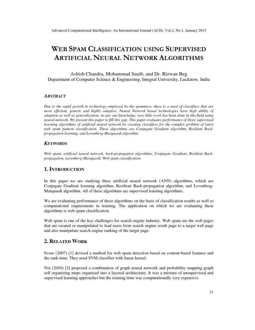 Web Spam Classification Using Supervised Artificial Neural Network Algorithms Deepai