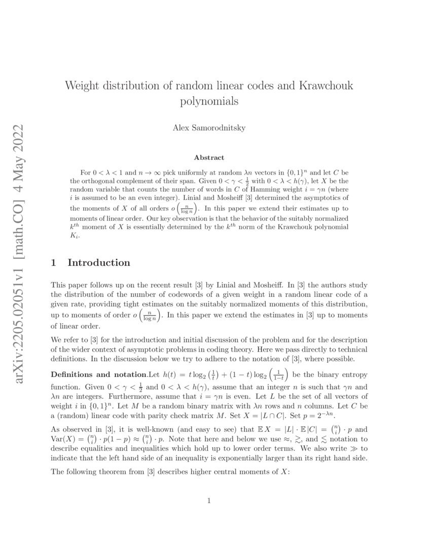 Weight Distribution Of Random Linear Codes And Krawchouk Polynomials weight-distribution-of-random-linear-codes-and-krawchouk-polynomials