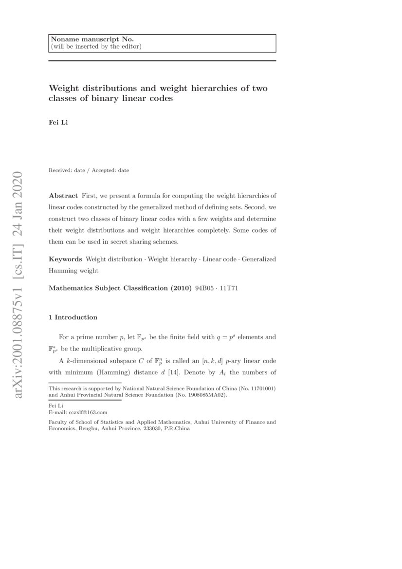 Weight Distributions And Weight Hierarchies Of Two Classes Of Binary Linear Codes Deepai