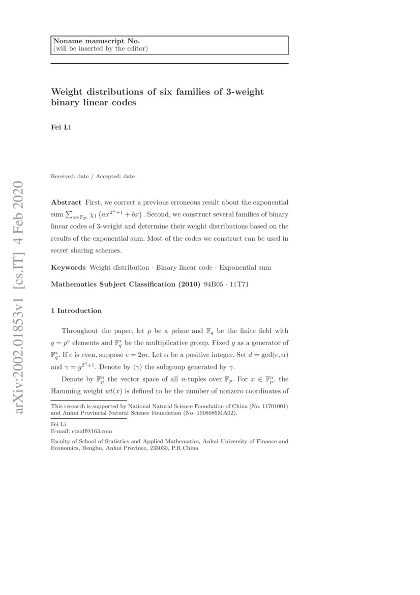 Weight distributions of six families of 3-weight binary linear codes | DeepAI