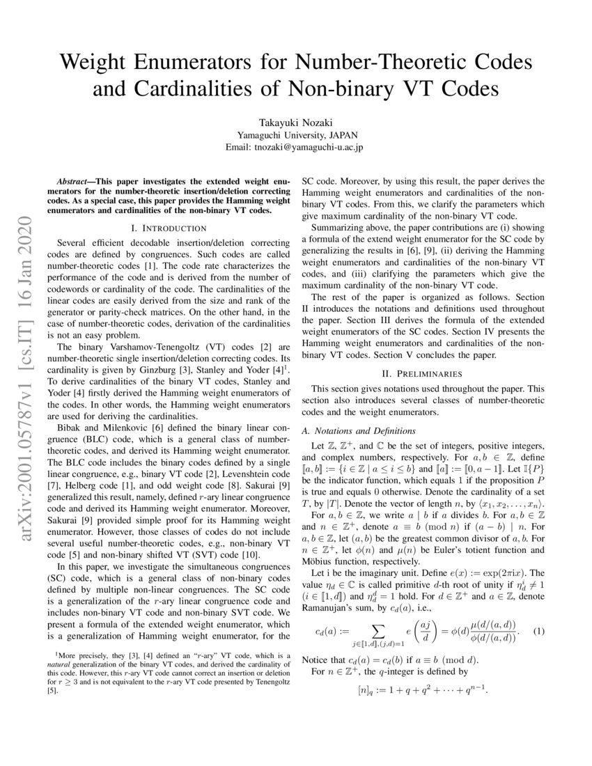 Weight Enumerators For Number Theoretic Codes And Cardinalities Of Non Binary Vt Codes Deepai