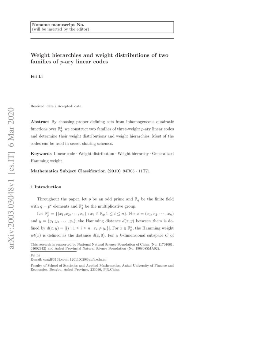 Weight Hierarchies And Weight Distributions Of Two Families Of P Ary