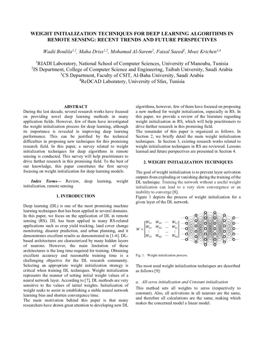 Weight Initialization Techniques For Deep Learning Algorithms In Remote Sensing Recent Trends