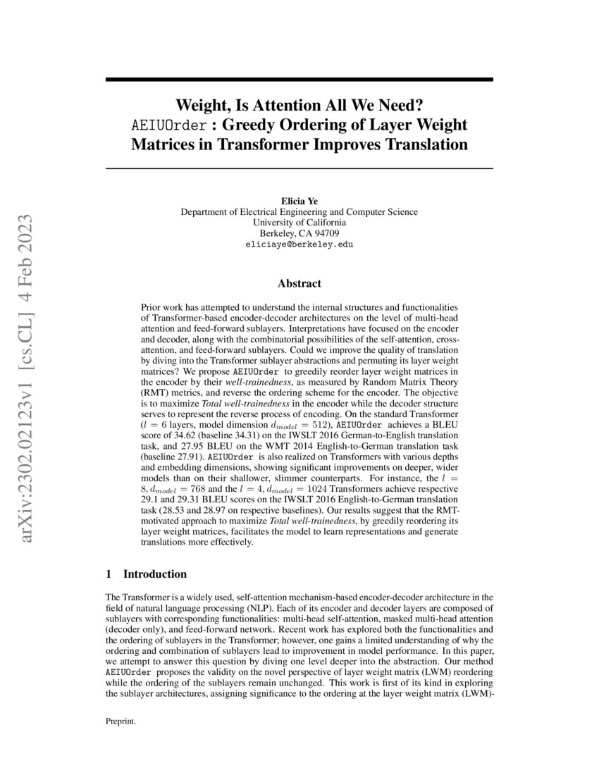 Greedy Ordering of Layer Weight Matrices in Transformers Improves Translation | DeepAI