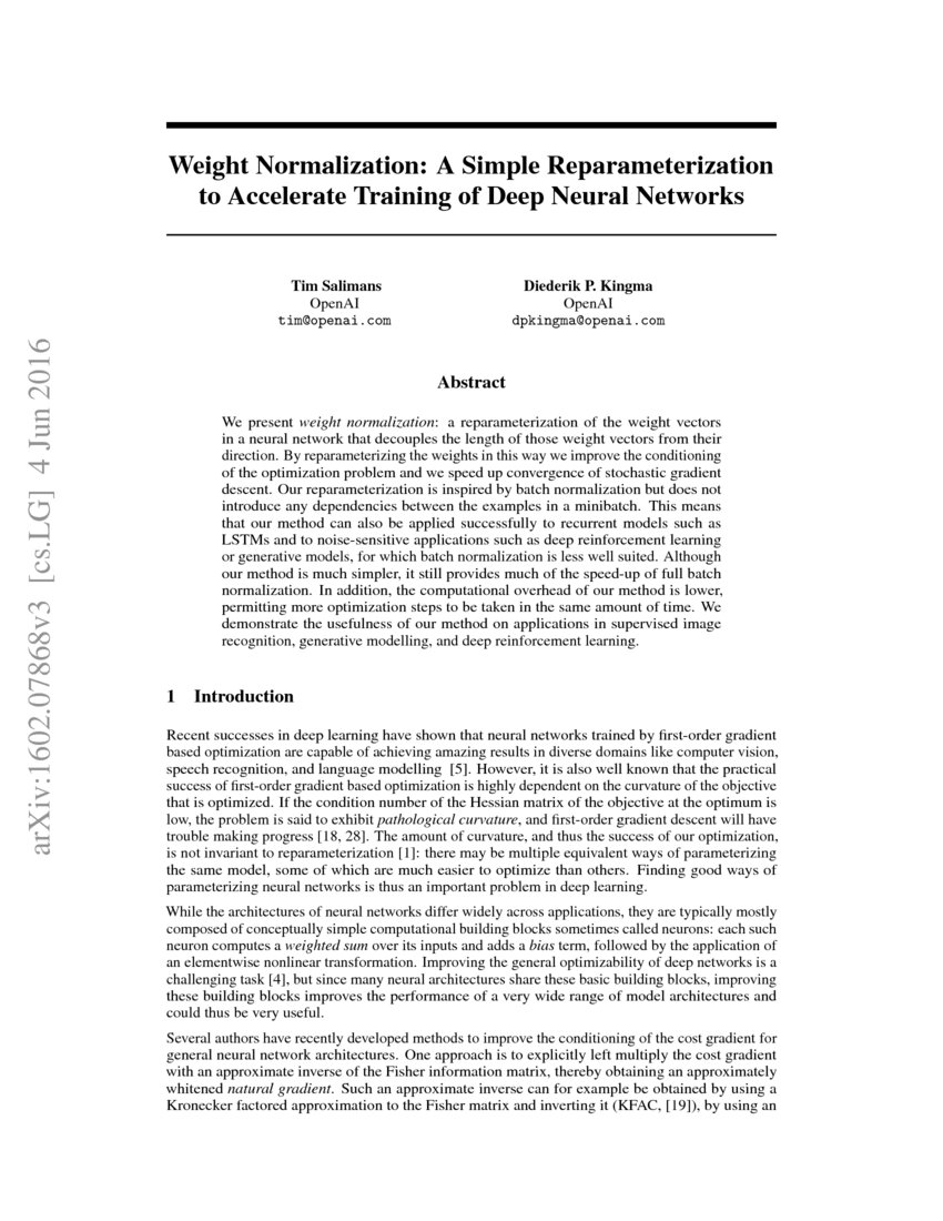 Weight Normalization: A Simple Reparameterization to Accelerate ...
