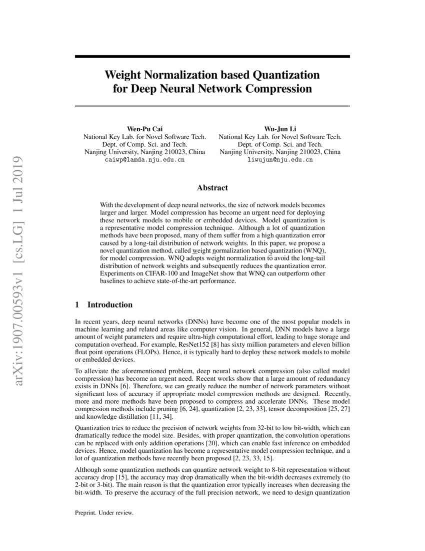 Weight Normalization Based Quantization For Deep Neural Network
