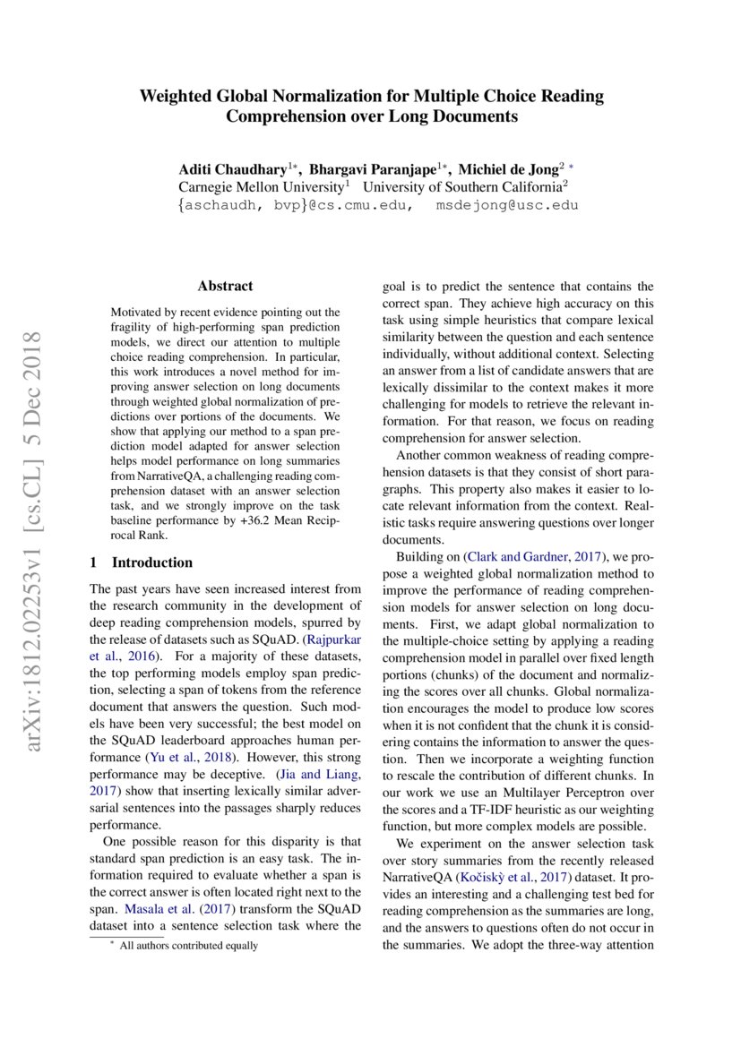 Weighted Global Normalization for Multiple Choice ReadingComprehension over Long Documents | DeepAI