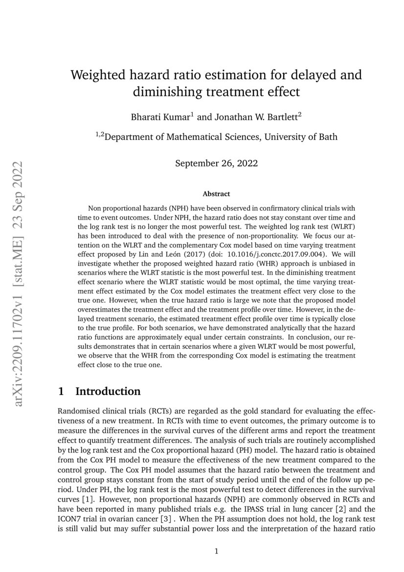 Weighted hazard ratio estimation for delayed and diminishing treatment effect | DeepAI
