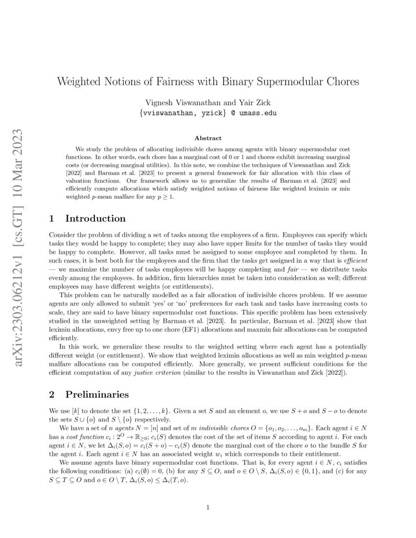 Weighted Notions Of Fairness With Binary Supermodular Chores Deepai