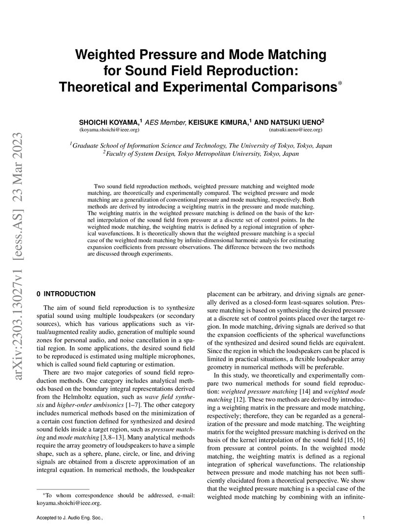Weighted Pressure and Mode Matching for Sound Field Reproduction: Theoretical and Experimental ...