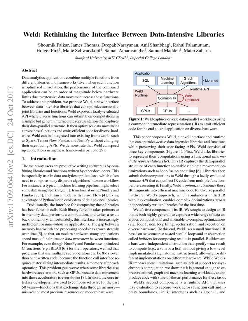 Weld: Rethinking the Interface Between Data-Intensive Applications | DeepAI