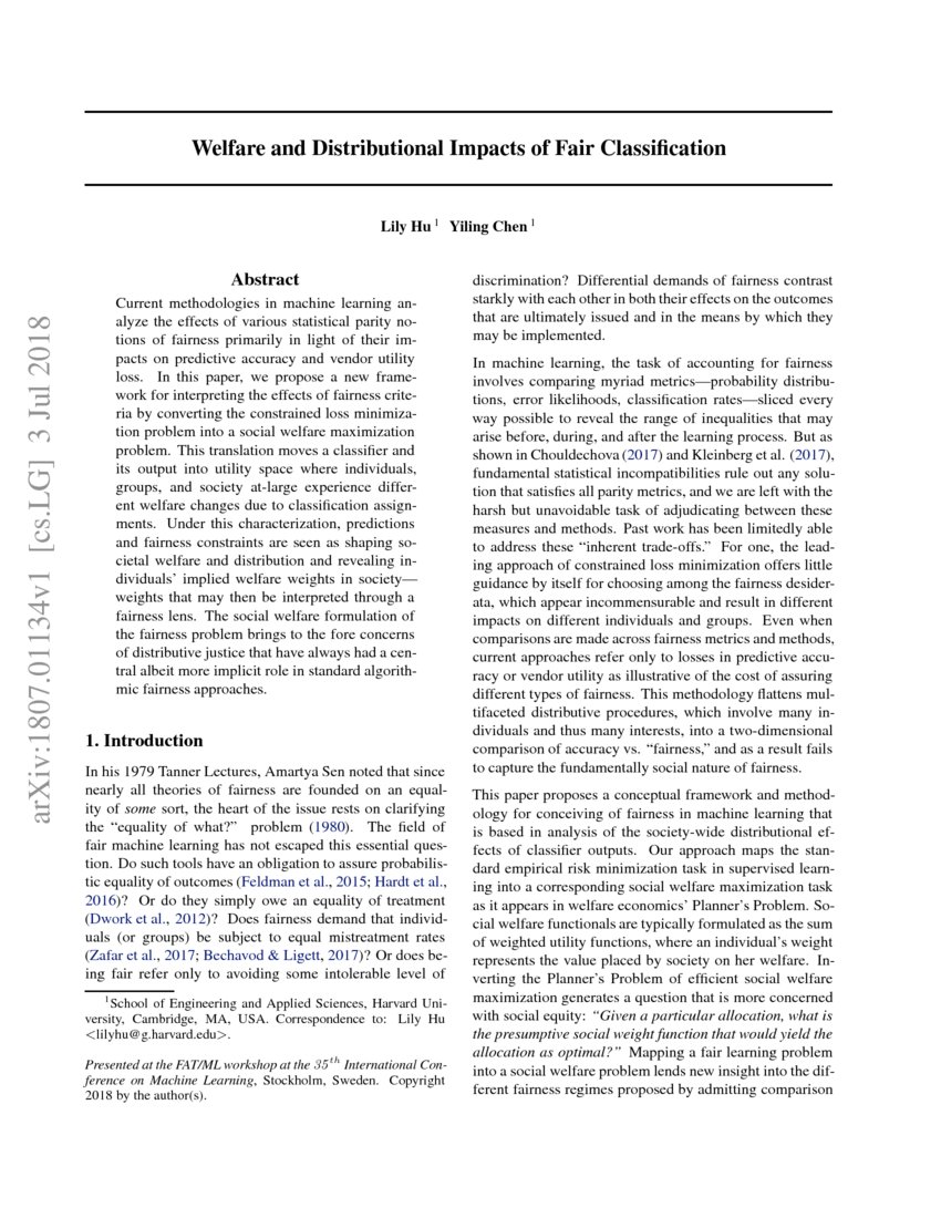 Welfare and Distributional Impacts of Fair Classification | DeepAI