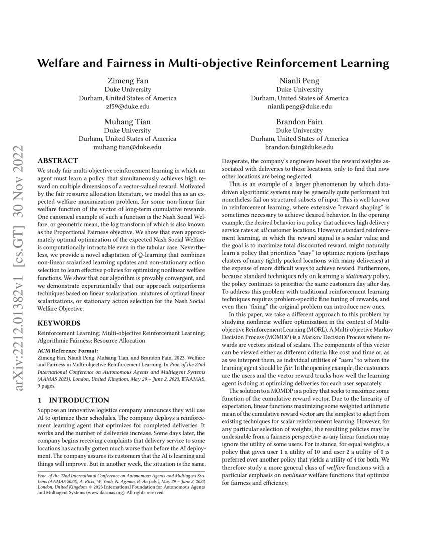 Welfare And Fairness In Multi Objective Reinforcement Learning Deepai