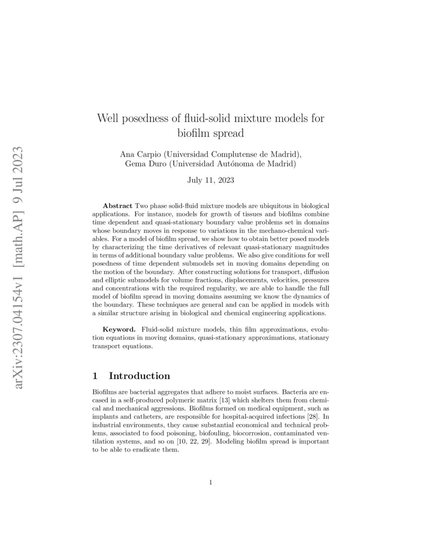 Well posedness of fluid/solid mixture models for biofilm spread | DeepAI