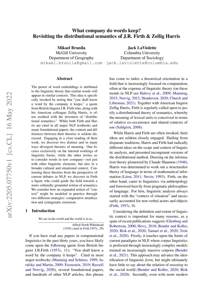 What company do words keep? Revisiting the distributional semantics of ...