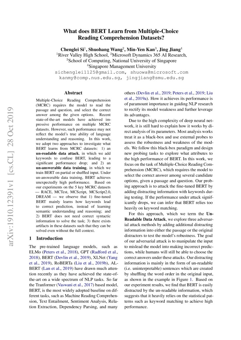 What Does Bert Learn From Multiple Choice Reading Comprehension Datasets Deepai