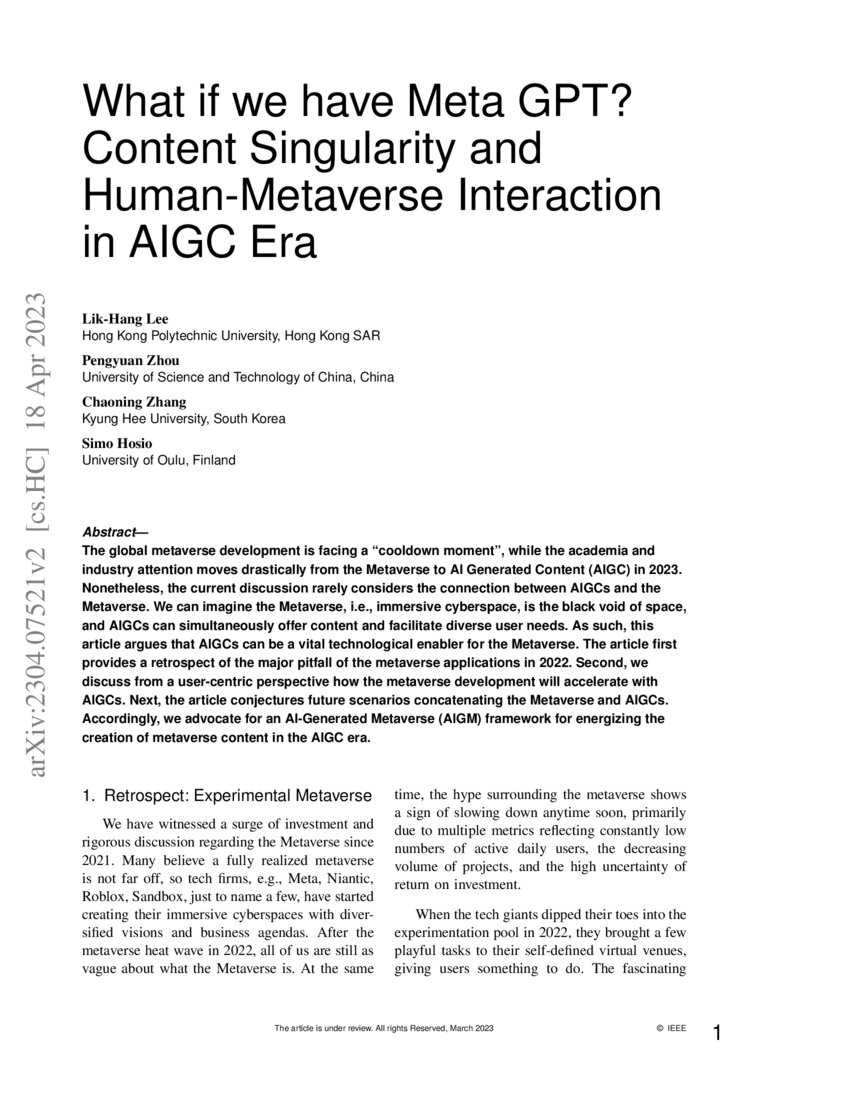 What if we have Meta GPT? From Content Singularity to Human-Metaverse Interaction in AIGC Era ...