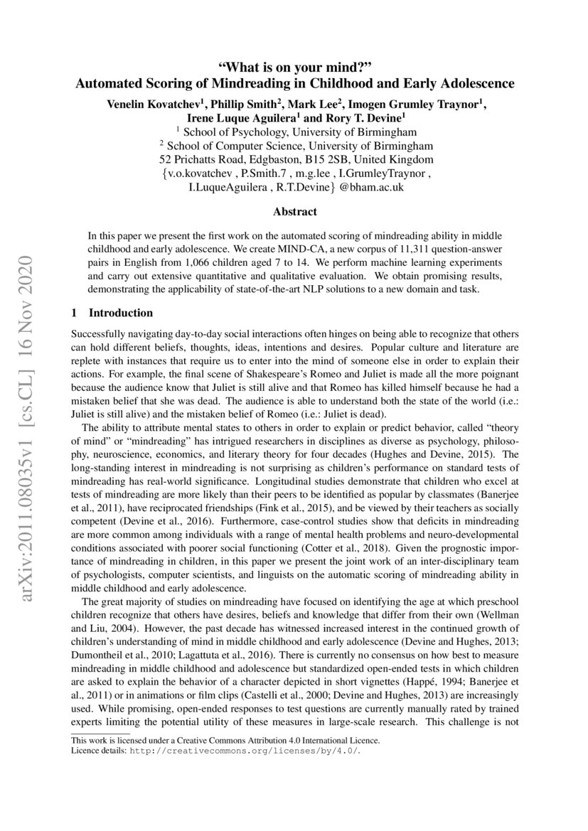 "What is on your mind?" Automated Scoring of Mindreading in Childhood ...