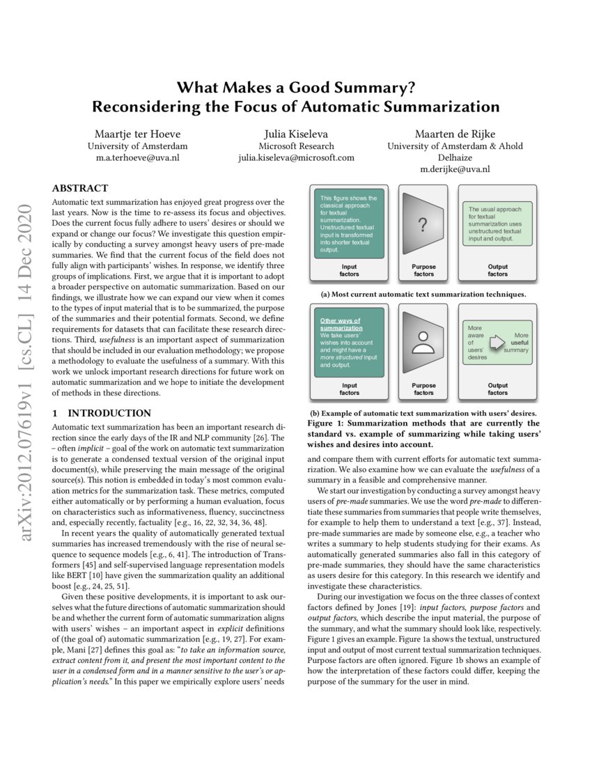 What Makes a Good Summary? Reconsidering the Focus of Automatic Summarization | DeepAI