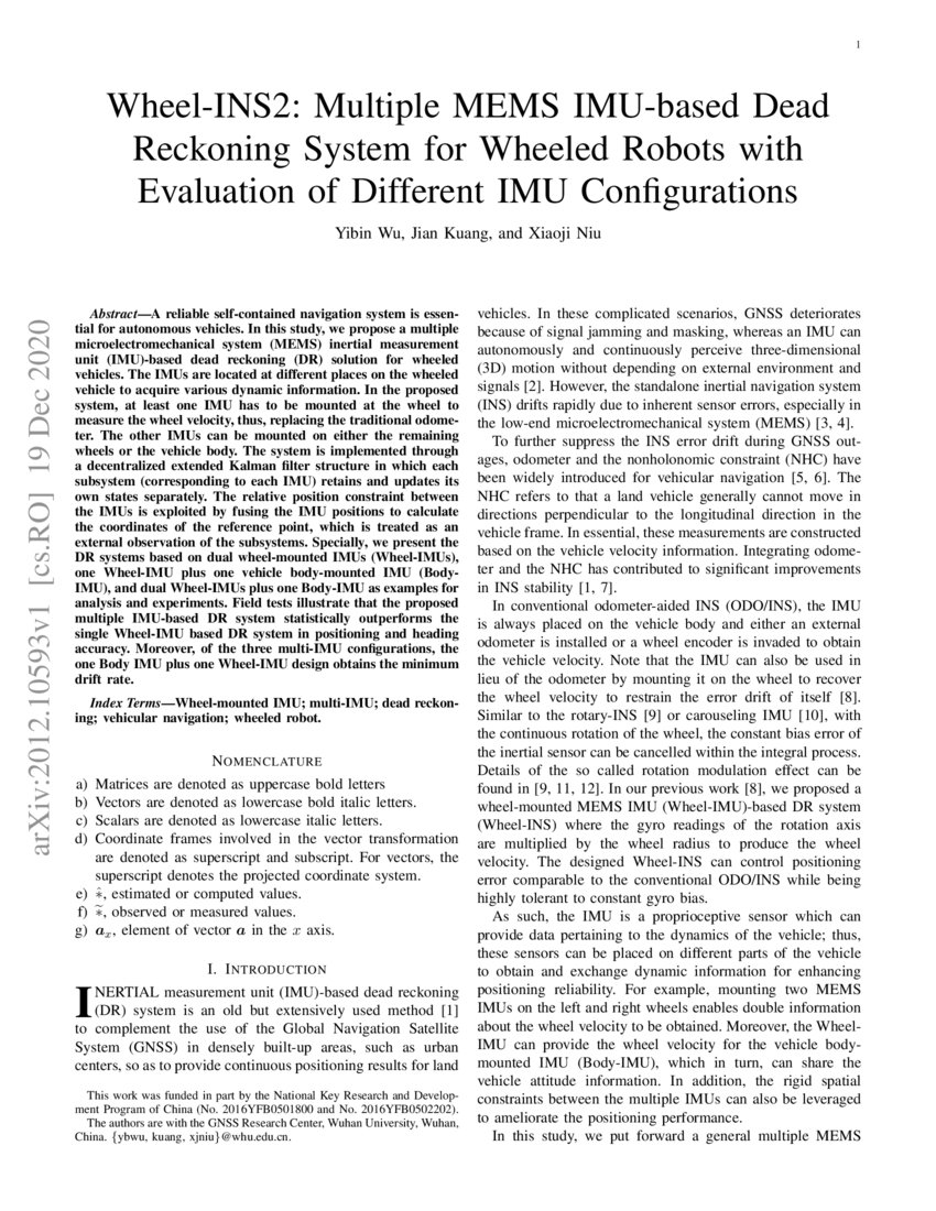 Wheel Ins2 Multiple Mems Imu Based Dead Reckoning System For Wheeled Robots With Evaluation Of