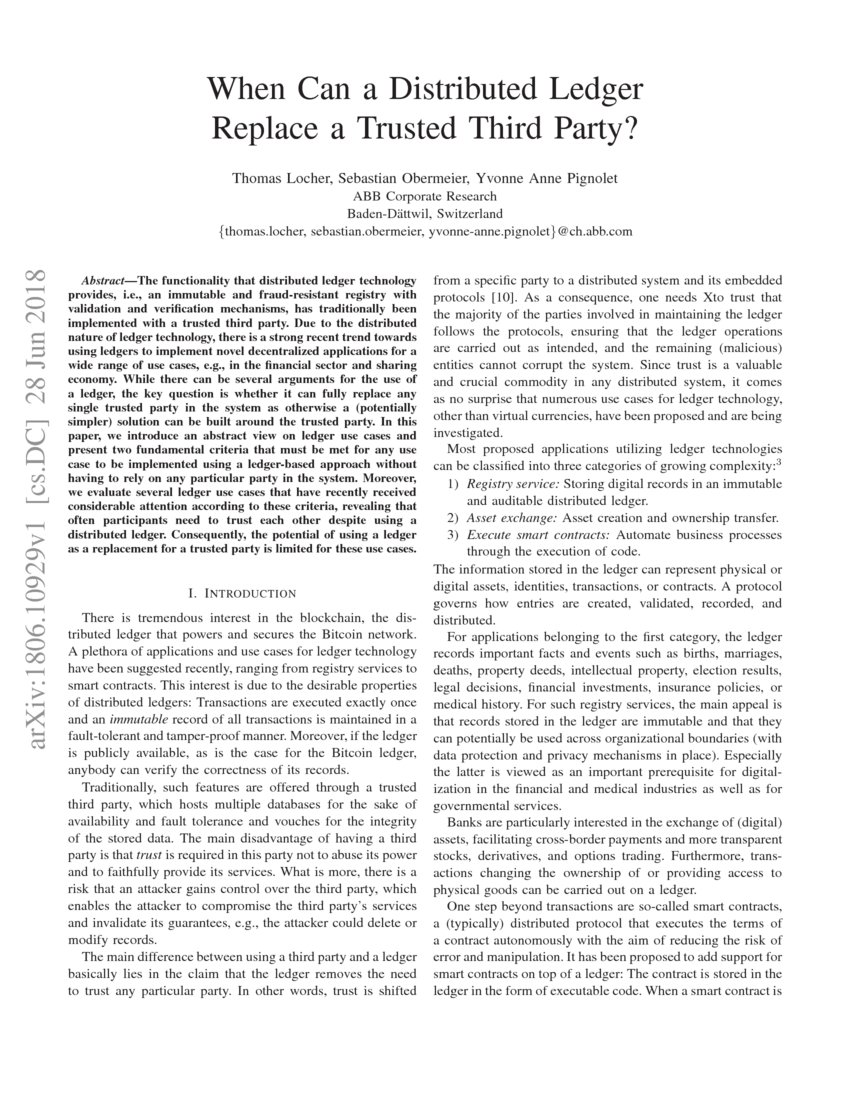 When Can a Distributed Ledger Replace a Trusted Third Party? | DeepAI