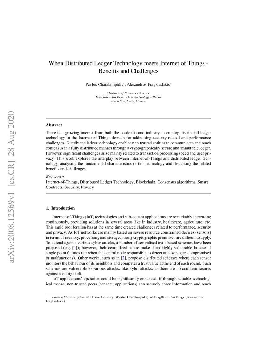 When Distributed Ledger Technology Meets Internet Of Things Benefits And Challenges Deepai