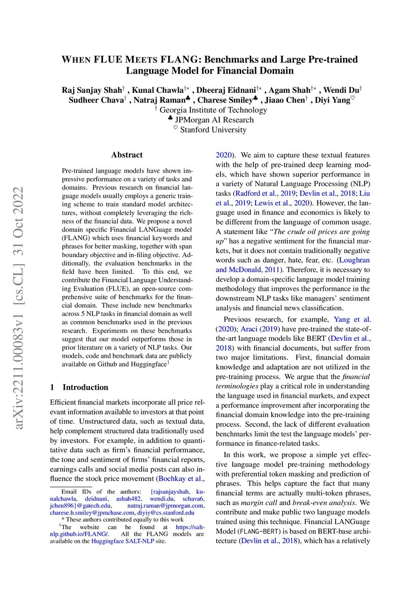 WHEN FLUE MEETS FLANG: Benchmarks and Large Pre-trained Language Model for Financial Domain | DeepAI