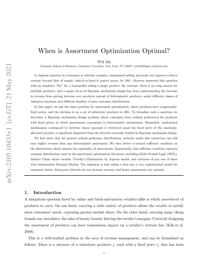 When is Assortment Optimization Optimal? | DeepAI