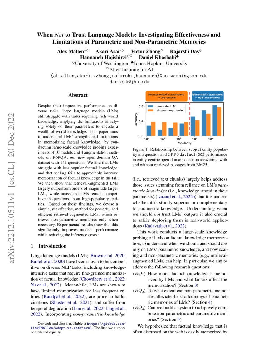 When Not To Trust Language Models Investigating Effectiveness And Limitations Of Parametric And