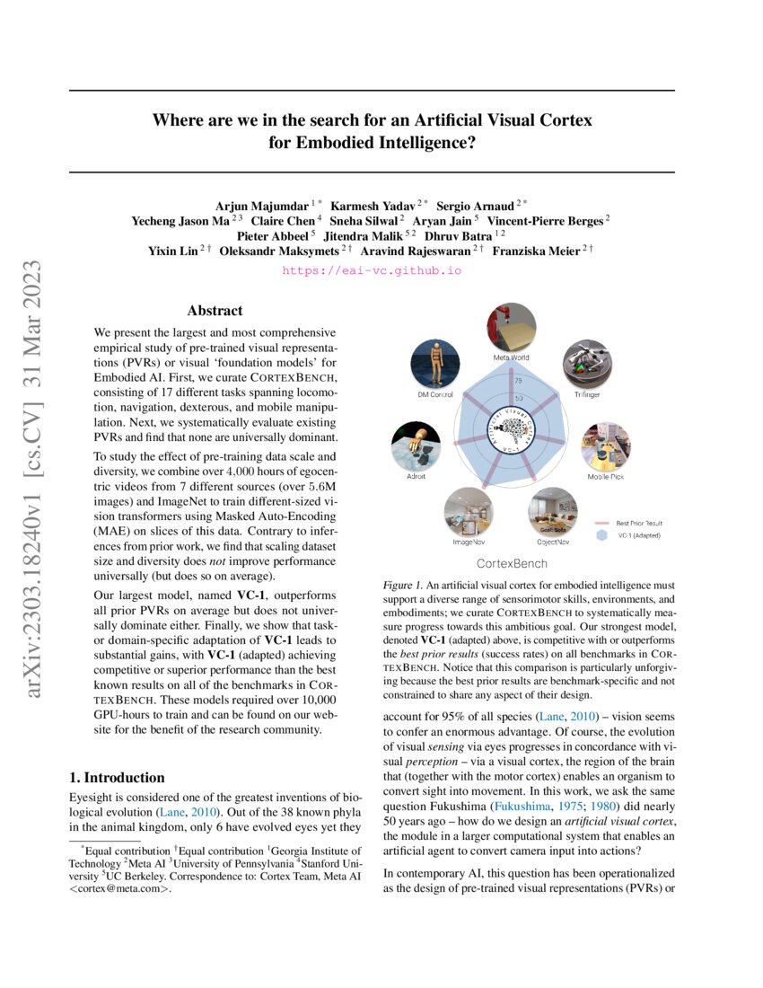 Where are we in the search for an Artificial Visual Cortex for Embodied Intelligence? | DeepAI