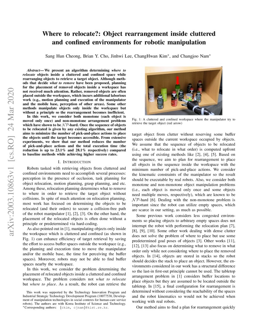 Where to relocate?: Object rearrangement inside cluttered and confined environments for robotic ...