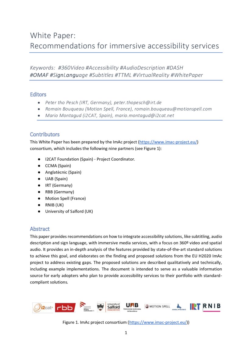 White Paper: Recommendations for immersive accessibility services | DeepAI
