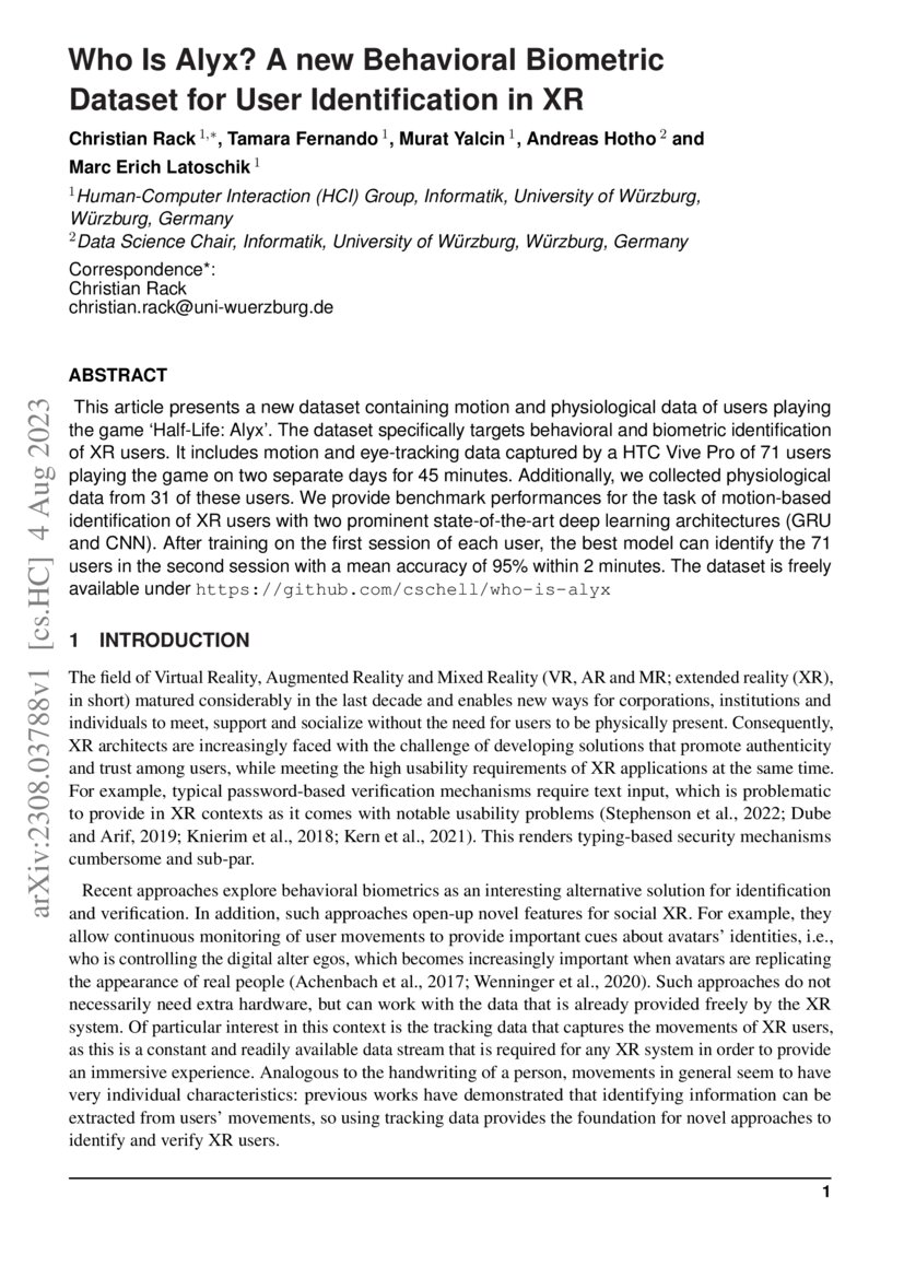 Who Is Alyx? A new Behavioral Biometric Dataset for User Identification in XR | DeepAI