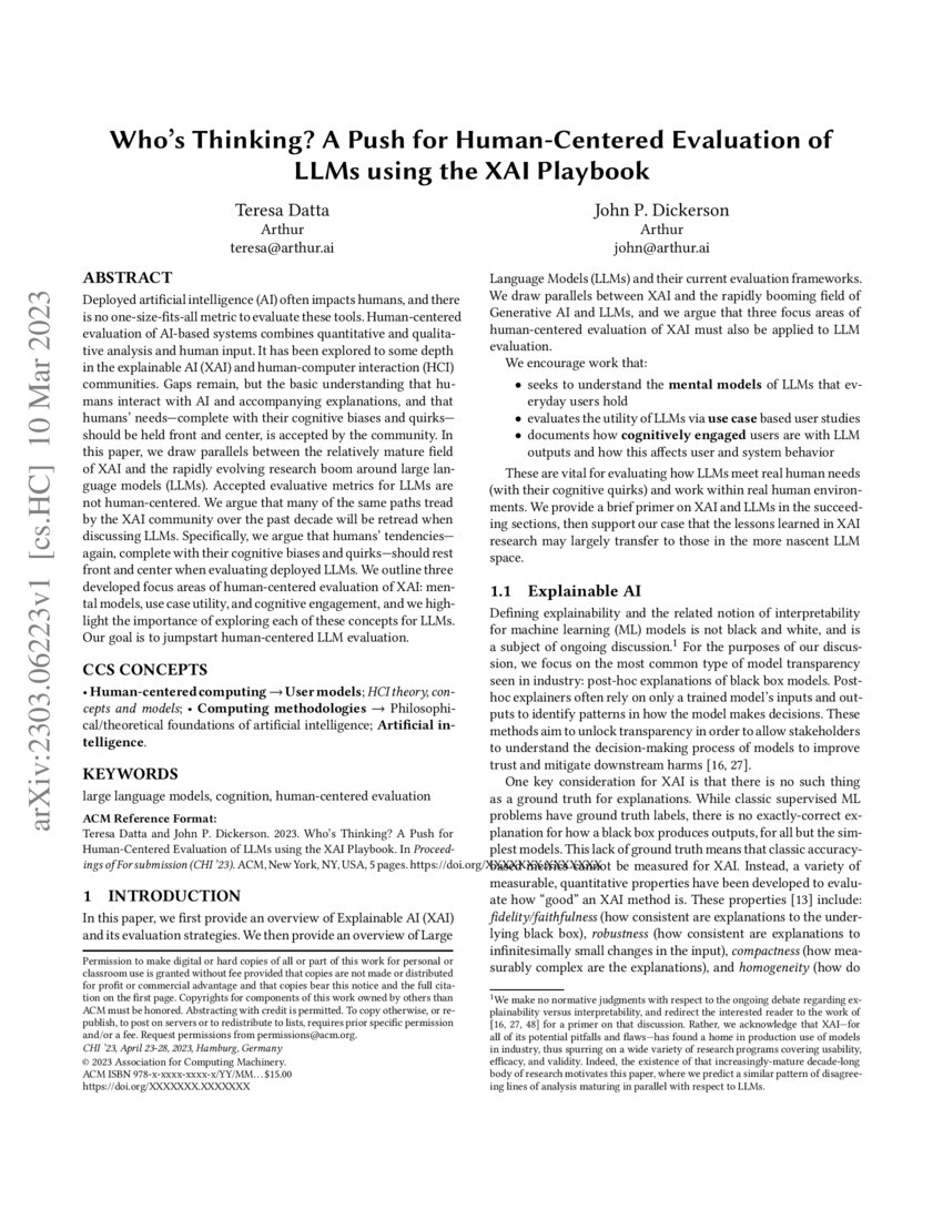 Who's Thinking? A Push for Human-Centered Evaluation of LLMs using the XAI Playbook | DeepAI