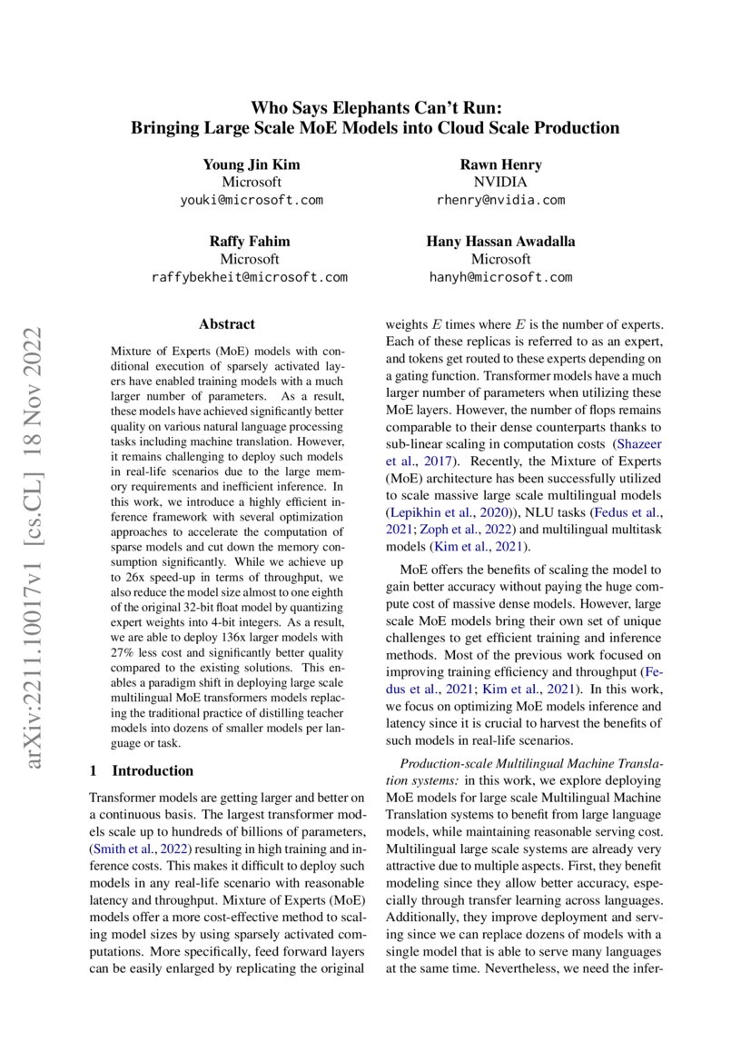Who Says Elephants Can't Run: Bringing Large Scale MoE Models into Cloud Scale Production | DeepAI