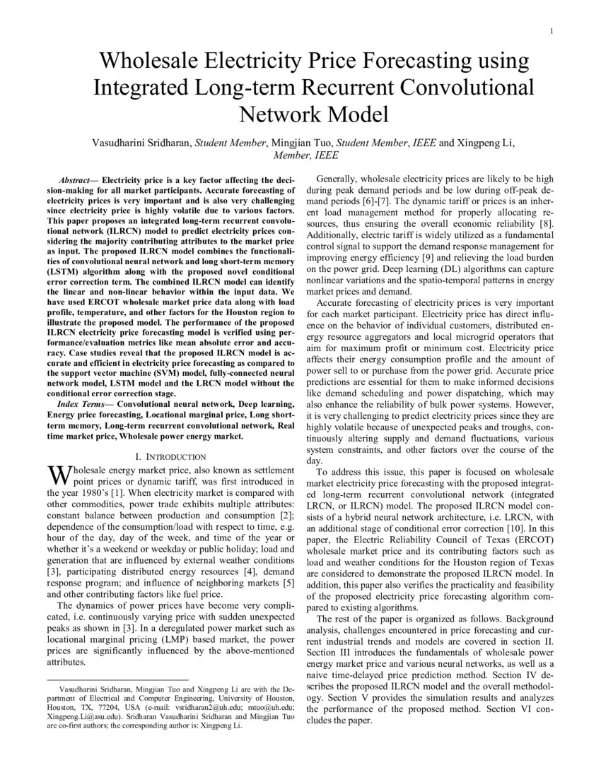 Wholesale Electricity Price Forecasting using Integrated Long-term Recurrent Convolutional ...