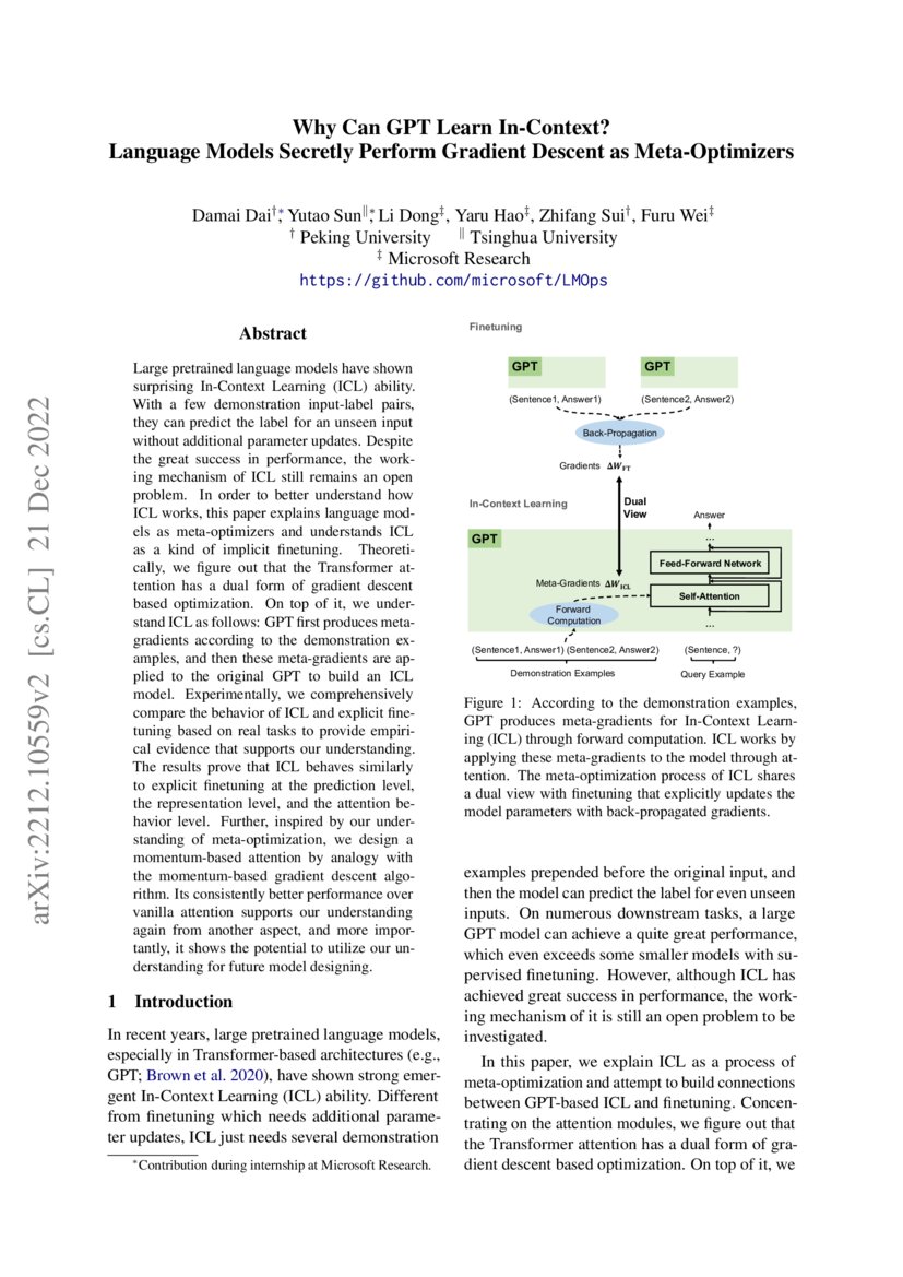 Why Can GPT Learn In-Context? Language Models Secretly Perform Gradient Descent as Meta ...