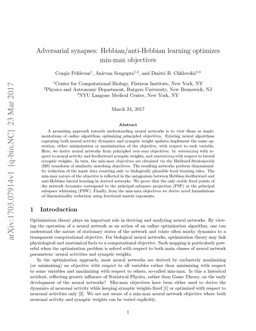 Why do similarity matching objectives lead to Hebbian/anti-Hebbian networks? | DeepAI