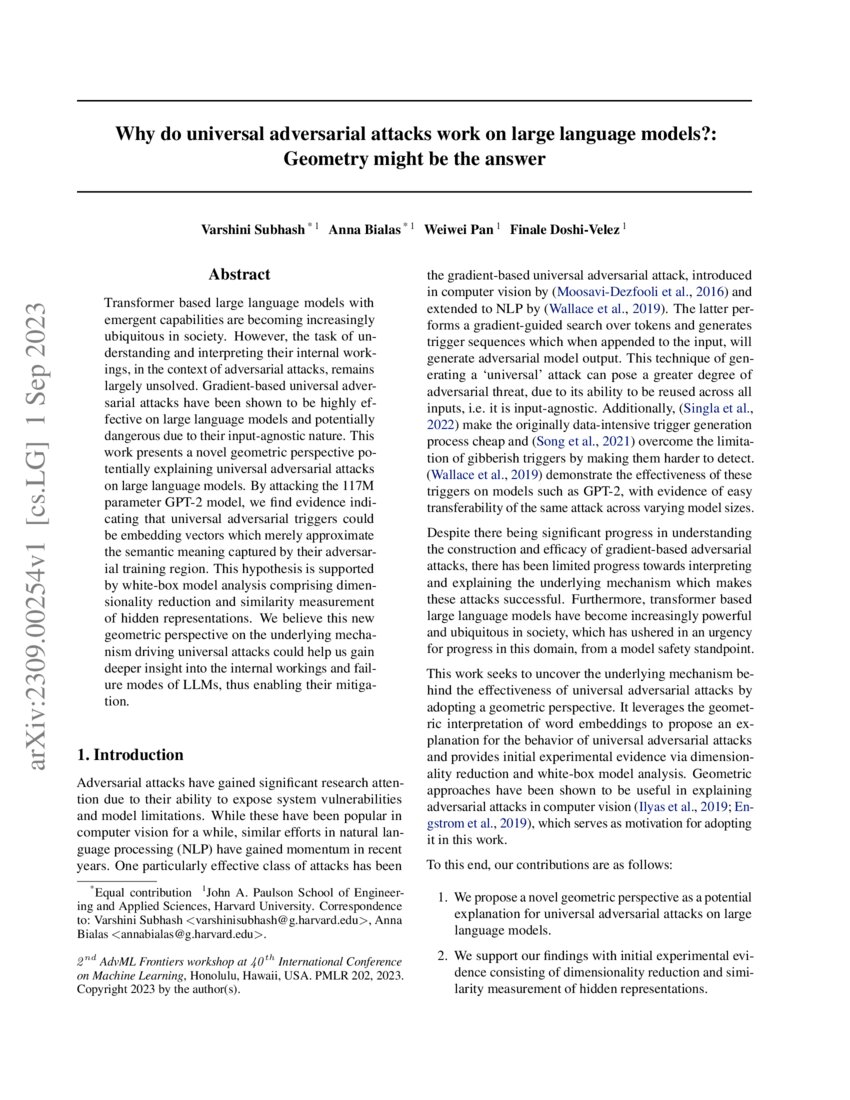 Why do universal adversarial attacks work on large language models?: Geometry might be the ...