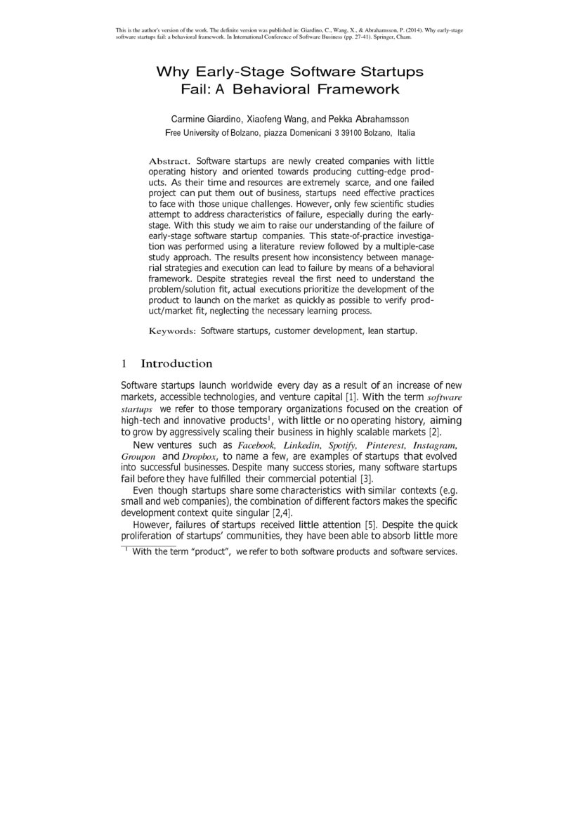 Why Early-Stage Software Startups Fail: A Behavioral Framework | DeepAI